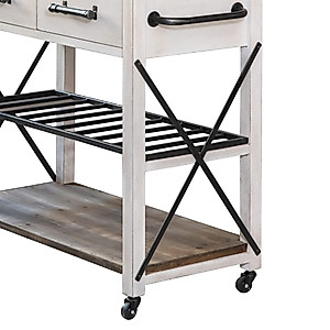 FirsTime & Co. Off-White and Brown Aurora Kitchen Cart, Coffee Bar and Microwave Stand, Island on Wheels with Storage, Wood and Metal, Farmhouse, 31.5 inches