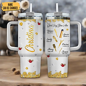 Hyturtle Personalized HairStylist Tumbler Gift For HairStylists Christian God Says You Are Cup With Name 40oz Tumbler with Handle&Straw Lid Hairdressing Hairdresser Coffee Cup Flower Print Cosmetology