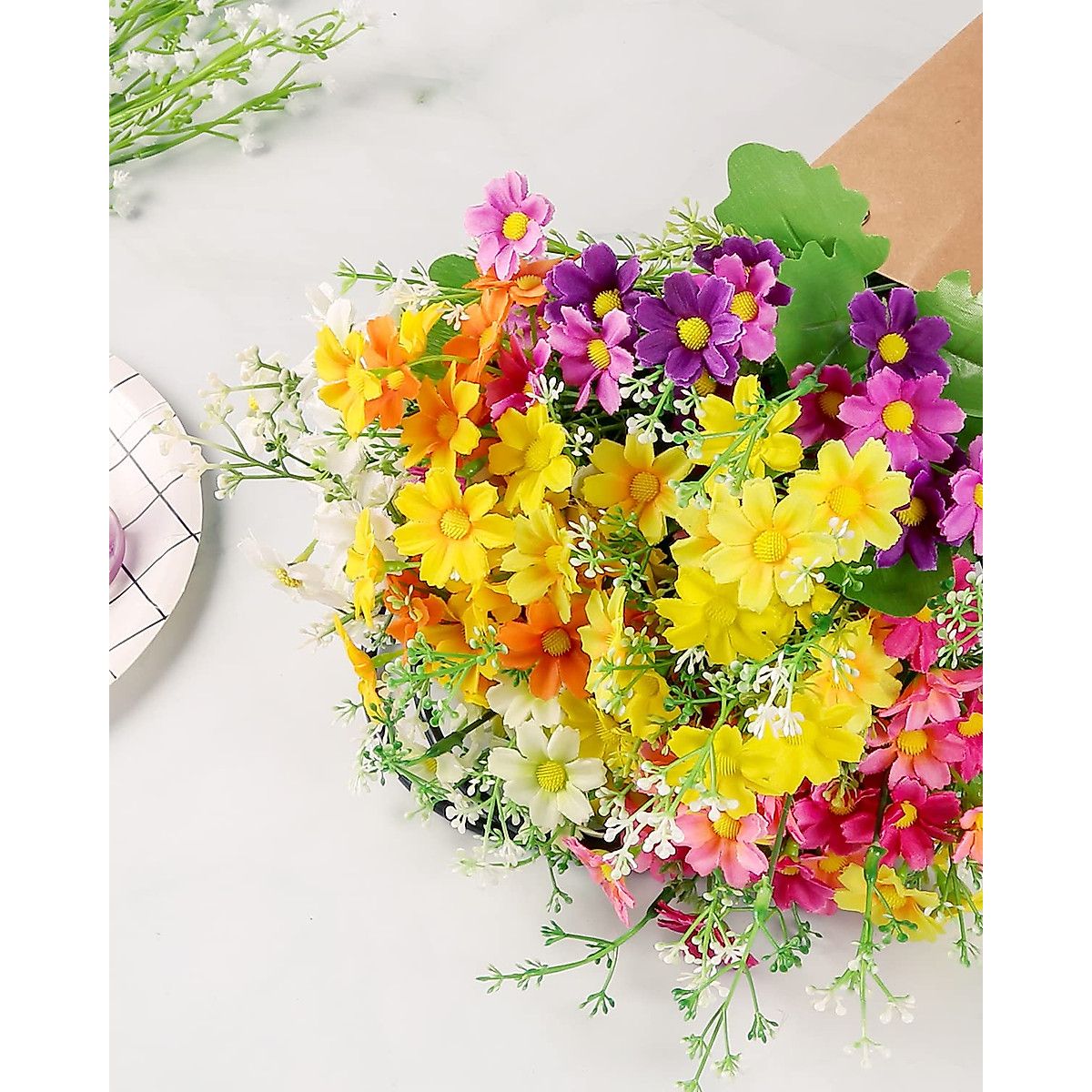 Omldggr 6 Pieces Faux Silk Daisy Artificial Flower Plastic Flowers Plants Plastic Bushes for Indoor Outside Hanging Planter Home Garden Decor (Yellow, Purple, White,Orange,Pink,Green)