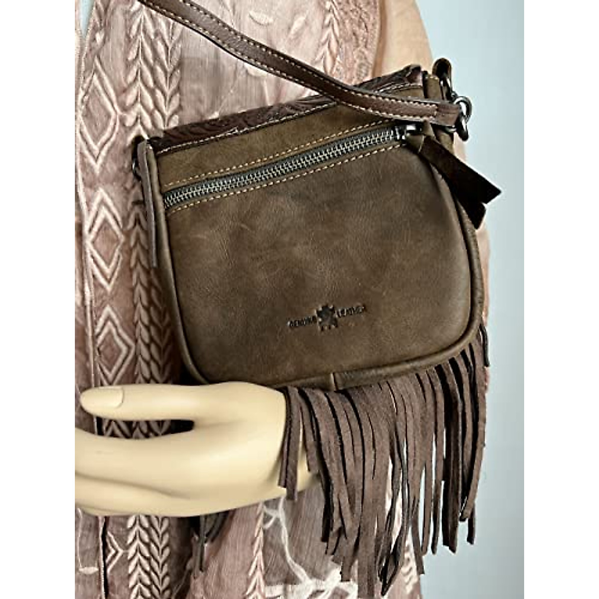 western floral tooled 100% leather fringe cross body purse (brown) Small