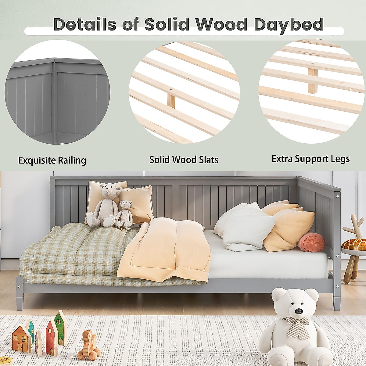 Gustonhon Full Size Daybed,Wood Sofa Bed with Backrest and Armrests,Multi-Functional Day Bed Frame with Slats Support for Living Room Bedroom,No Box Spring Needed (Gray, Full)