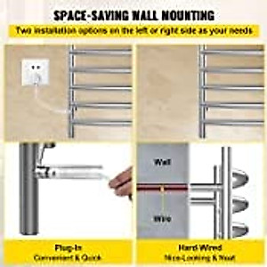 VEVOR Heated Towel Rack, 10-Bar Curved Design, Wall-Mounted Electric Towel Drying Rack with Built-in Timer, Polishing Brushed Stainless Steel for Bath, Plug-in/Hardwired, UL Certified, Silver