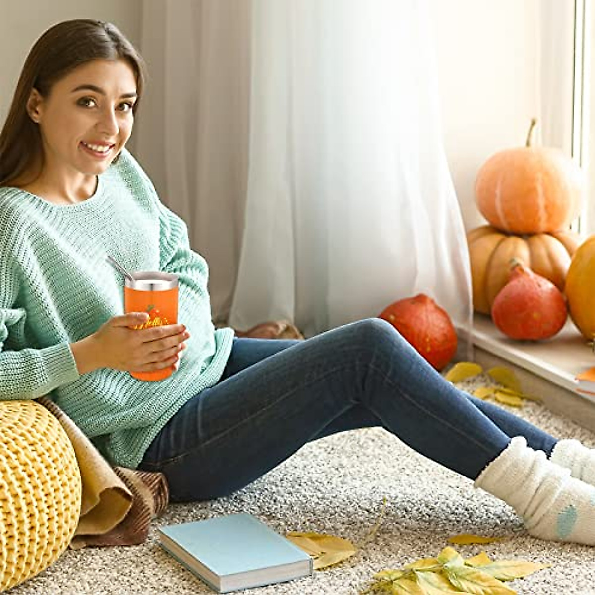 Hello Pumpkin Mug Travel Tumbler, Novelty Pumpkin Mug for Halloween Thanksgiving Harvest Festival, Cute Autumn Kitchen Decor, 20 oz Vacuum Insulated Mug Tumbler with Straw Lid and Brush