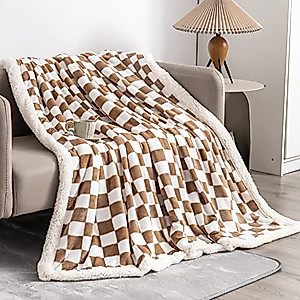 LOMAO Sherpa Throw Blanket Fleece Blanket with Checkered Pattern Soft Thick Blanket for Couch, Bed, Sofa Luxurious Warm and Cozy for All Seasons (Khaki, 51"x63")