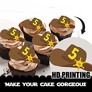 18pcs Gold Glitter Cowboy Hat 5 Dessert Cupcake Topper Cow Country Western Bull Riding Bull Rider Competition Theme Decor Supplies Boy Girl Happy 5th Birthday Party Decorations