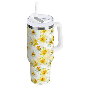 Yellow Daffodils Narcissus Tumbler with Handle and Straw Lid, Watercolo Garden Flowers 30 oz Insulated Coffee Cup Stainless Steel Water Bottle Travel Mug Cupholder Friendly,Gifts for Women Men