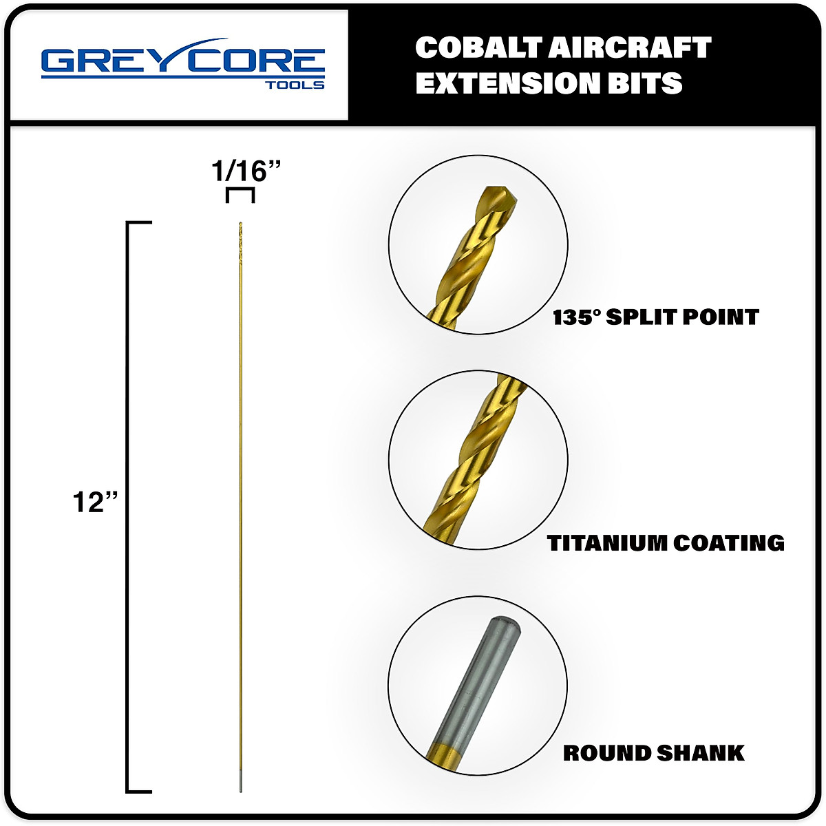 Greycore Tools 1/16 Inch x 12 Inch Cobalt Aircraft Extension Bit – M35 Cobalt Drill Bit, Industrial Titanium Coating – Drill Bits for Steel, Hard Metal, Cast Iron, Wood, Plastic (1/16" x 12")