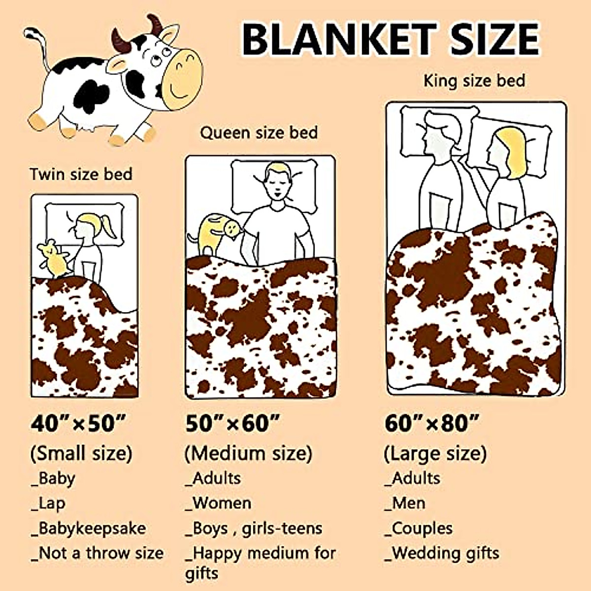 Rezutan Cow Throw Blanket Brown and White Cow Print Blanket for Sofa Couch Bed Warm Fleece Flannel Plush Blanket Cow Throw Blanket CampingTravel Cow Bedding Baby Boys Girls Adults Gift 50x60 inch