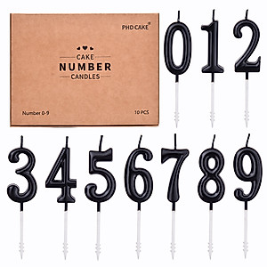 PHD CAKE 10-Pieces Black Numeral Birthday Candles, Cake Numeral Candles Number 0-9 Glitter Cake Topper Decoration for Birthday,Wedding Anniversary,Party Celebration