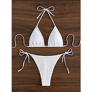 GORGLITTER Women's 2 Piece Sexy Thong Bikini Set String Cheeky Swimsuit Textured Halter Triangle Bathing Suits White Small