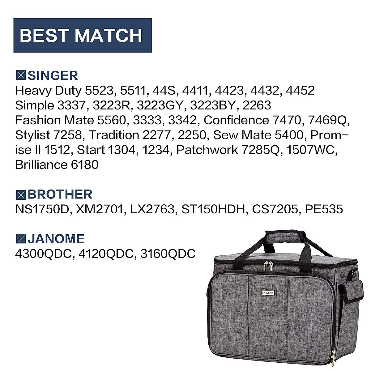 HOMEST Sewing Machine Carrying Case with Multiple Storage Pockets, Universal Tote Bag with Shoulder Strap Compatible with Most Standard Singer, Brother, Janome, Grey (Patent Design)