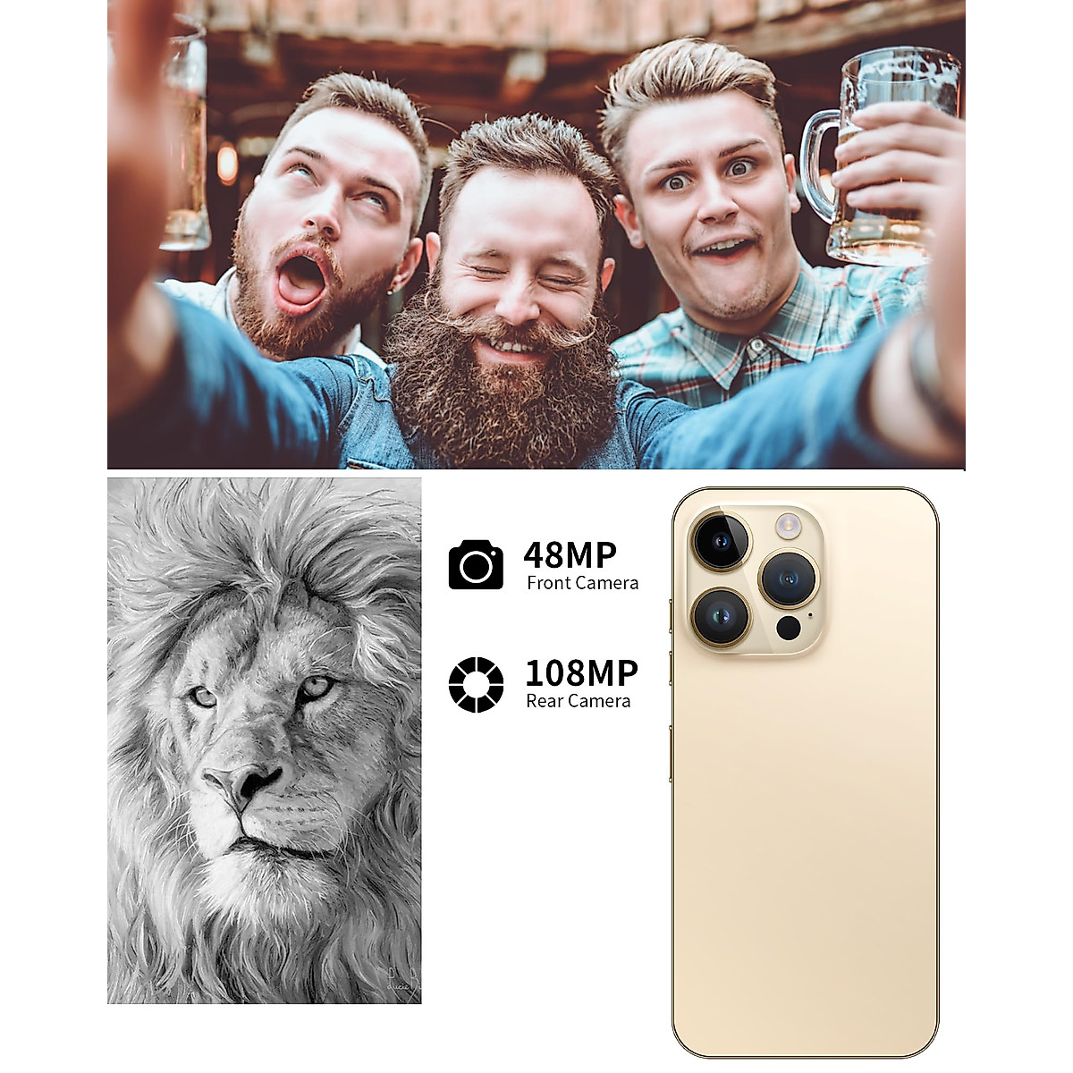 ExAchat A14 Pro Max 5G Unlocked Smartphone - 6GB+256GB Fully Unlocked Cell Phone for Android 13, 6.82" Unlocked Cell Phone, 6800mAh, 48MP Front Camera+108MP Main Camera (Gold)