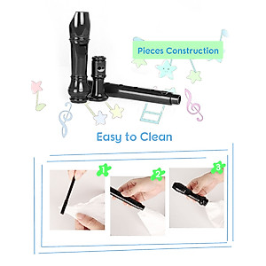 Mr.Power Soprano Recorder for Beginners School Students German Style C Key 8 Holes 3 Piece Instrument with Cleaning Rod, Thumb Rest, Fingering Chart, Packing Bag (Black)