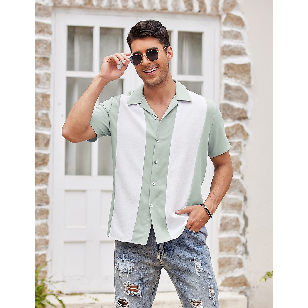 COOFANDY Vintage Mens Bowling Shirts Button Up Vacation Shirts Loose Fit Short Sleeve Shirts Green White