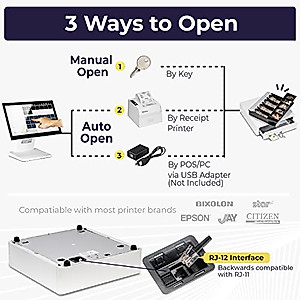 14" Electronic Cash Register Drawer for Point of Sale (POS) System with Round Corners - Fully Removable 2-Tier 4 Bill 5 Coin Cash Tray, 24V, RJ11/RJ12 Key-Lock, Media Slot, White