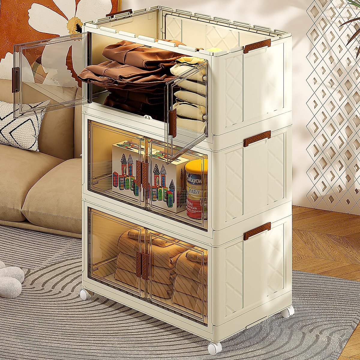 Safunion Closet Organizers and Storage 9.8 Gal, Stackable Storage Bins with Lids, Collapsible Storage Bins, Dual Open Plastic Storage Containers with Wheels for Closet, Dorm Room and Home (1 Pack)