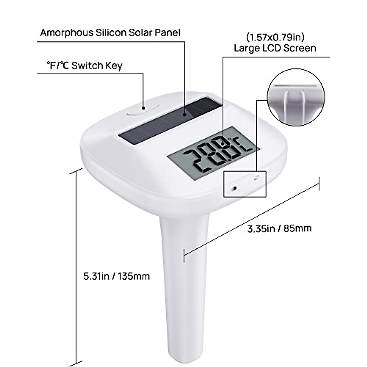 Solar Digital Pool Thermometer Floating Easy Read Large Display LCD Screen Solar Powered No Batteries Needed Fahrenheit Celsius 150C