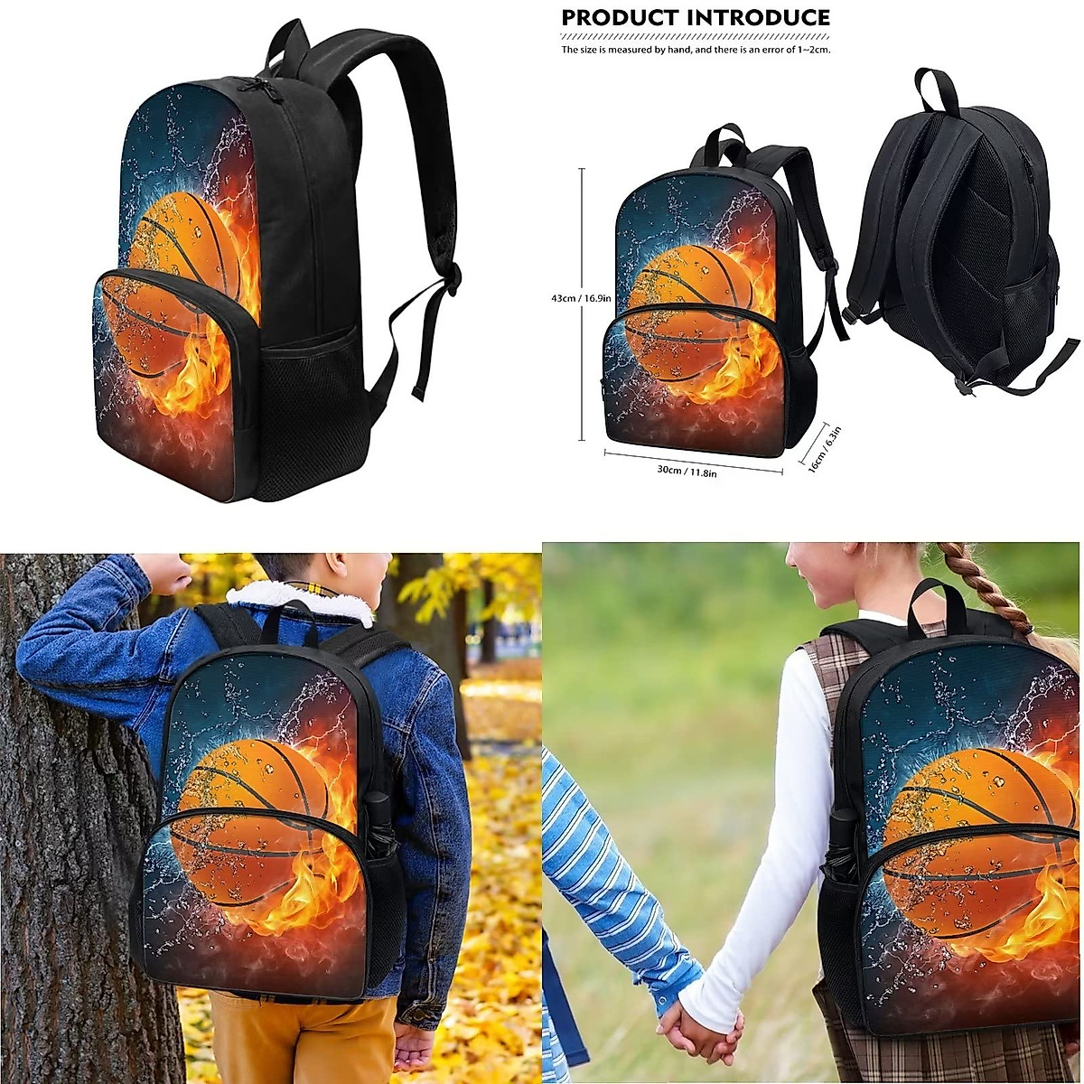 Glomenade Flame Water Basketball Lunch Bags Reusable Thermal Lunch Pouch Sack Fire Ice Ball Schoolbags Bookbags with Pencil Bag Snacks Organizer Back to School