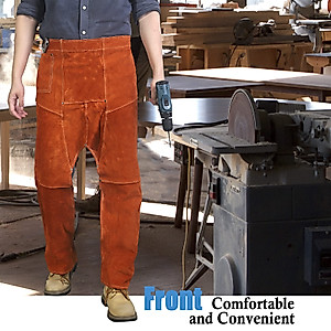 QeeLink Welding Pants - Heat & Flame Resistant Split Cowhide Leather Safety Chaps Leg Protection for Men and Women, Adjustable M to XXXL (Short 31-Inch) Brown