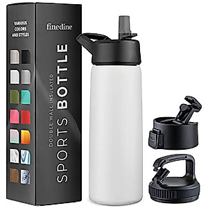 FineDine Triple Walled, Insulated Water Bottles with Straw - 25 Oz Stainless Steel Metal Bottle W/ 3 Leak Proof Lids - For Travel, School, Sports, Gym/Men, Women & Kids - Pure Pearly White