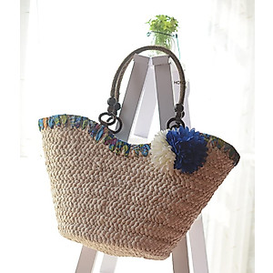 Natural Woven Straw Tote Handbag with Tassels and Pom Pom