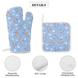 Airplane in The Sky Print Oven Mitts and Pot Holders 4 Piece Set Gloves and Potholders for Kitchen Cooking