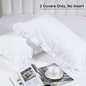 PHF 100% Washed Cotton Ruffle Pillowcases Standard Size, 2 Pack 20" X 26" Pillow Shams, No Insert, Ultra Soft Cotton Pillow Cases,Decorative Farmhouse Bedding Pillow Covers, White