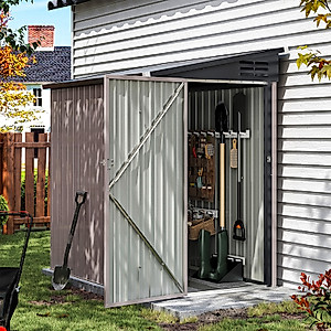 Aoxun 6' x 4' Storage Shed Lean to Storage Shed, Outdoor Metal Wall Side Storage Sheds, Outdoor Storage Cabinet for Patio, Garden, Lawn (Brown)