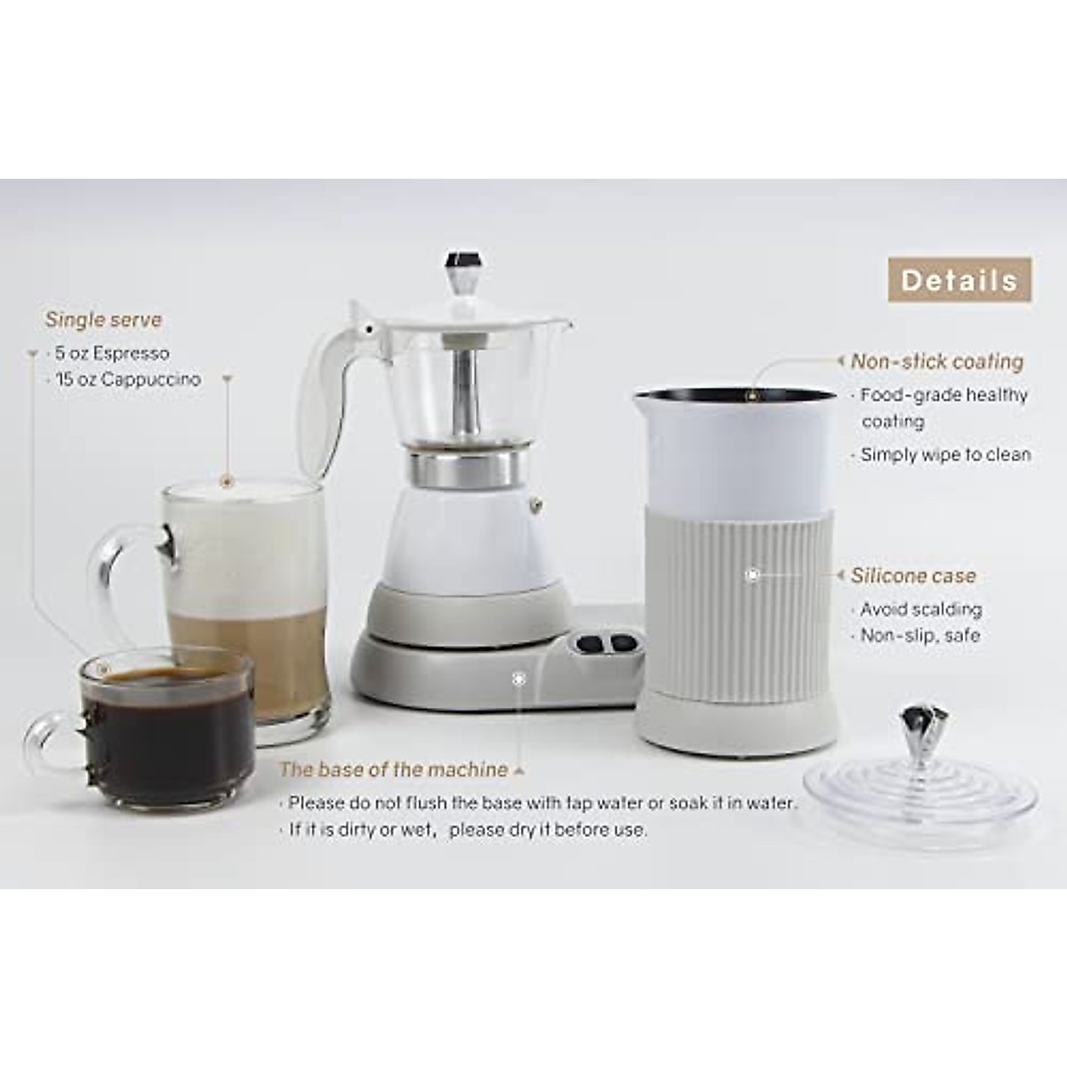 Hackvia Espresso Machine,Portable Espresso Coffee Maker and Cappuccino Latte Machine with Milk Frother,Espresso Maker with Steamer,2 in 1 Moka Pot for Home,Office and Travel,2-3 Cups,Aluminum
