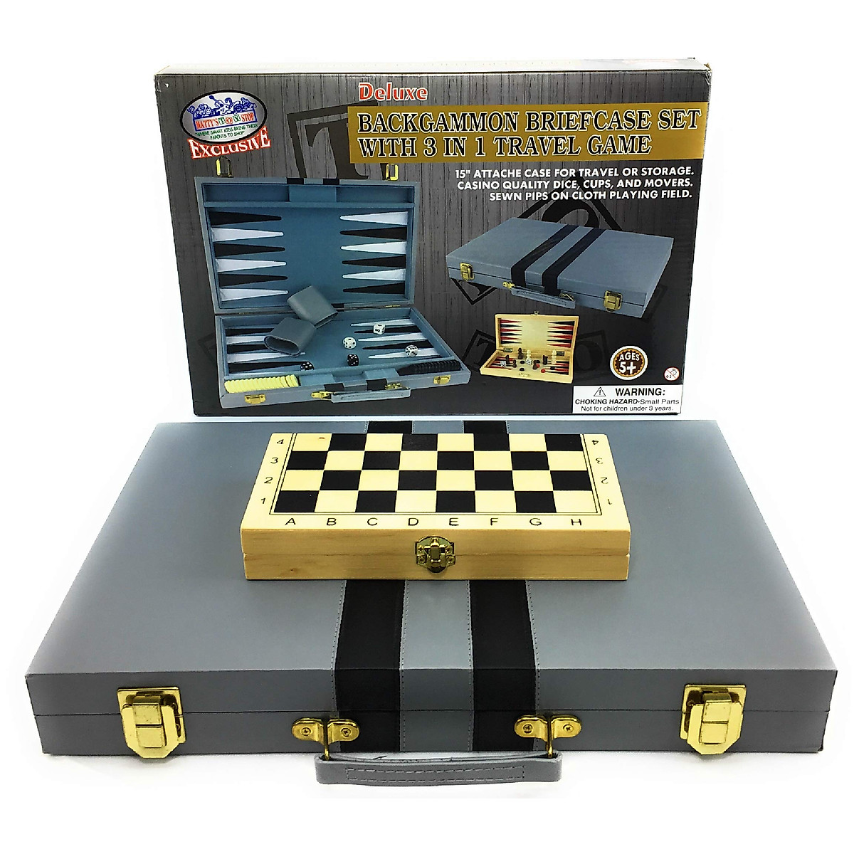 Matty's Toy Stop Deluxe 15" Backgammon Briefcase (Vinyl Gray Attache) with 3-in-1 Chess, Checkers & Backgammon Wooden Travel Games Set (8")