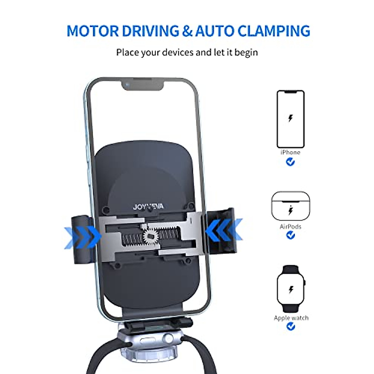 JOYVEVA 3 in 1 Wireless Car Charger for iPhone/Apple Watch/AirPods, Auto-Clamping Car Charging Mount, Car Phone Holder Charger for iPhone14/13/12/11/X/8, Apple Watch 8/7/6/5/4/3/2/SE, AirPods Pro 2/2