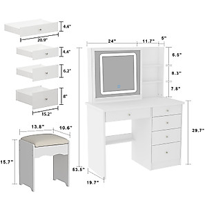 Homsee 39.4" L Vanity Desk Set Makeup Table with Large Lighted Mirror, Dressing Table with 5 Drawers, Storage Shelves & Cushioned Stool for Bedroom, White