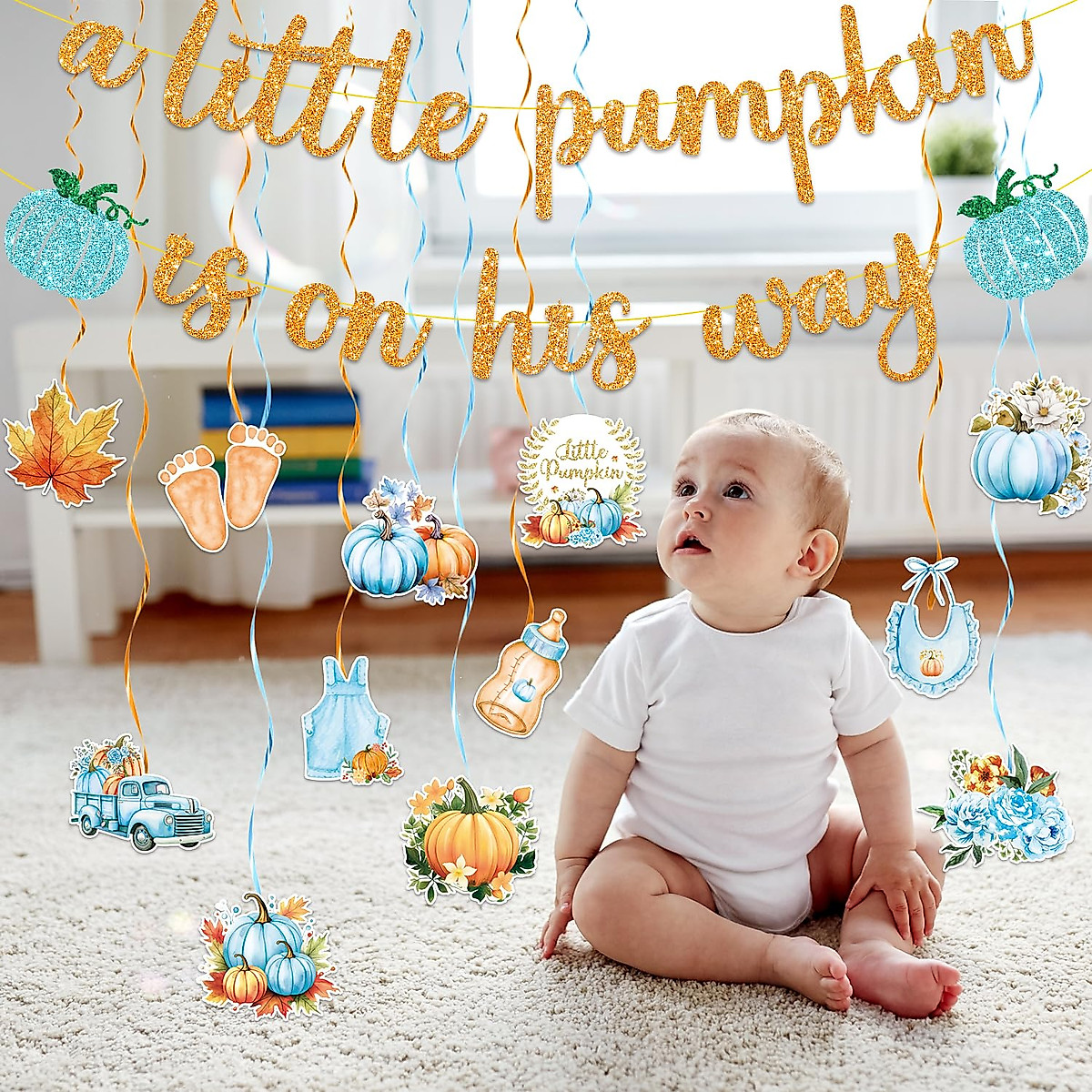Little Pumpkin Baby Shower Decorations for Boy, Fall Blue Gender Reveal Decor, A Little Pumpkin Is on His Way Baby Shower Banner and Pumpkin Hanging Swirls