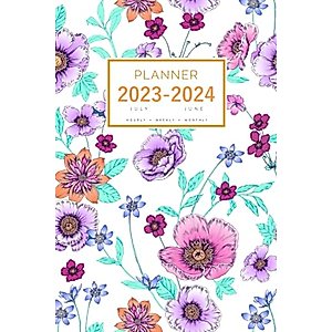 Planner July 2023-2024 June: 6x9 Medium Notebook Organizer with Hourly Time Slots | Beautiful Flower Garden Design White