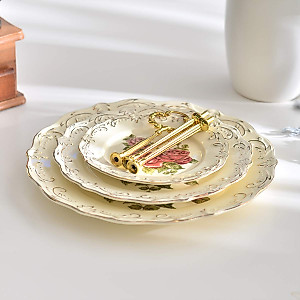 YOLIFE Red Rose Pattern 3 Tiered CupCake Stand, Emboss Golden Leaves Edge Porcelain 3 Tier Pastry Stand Desert Stand