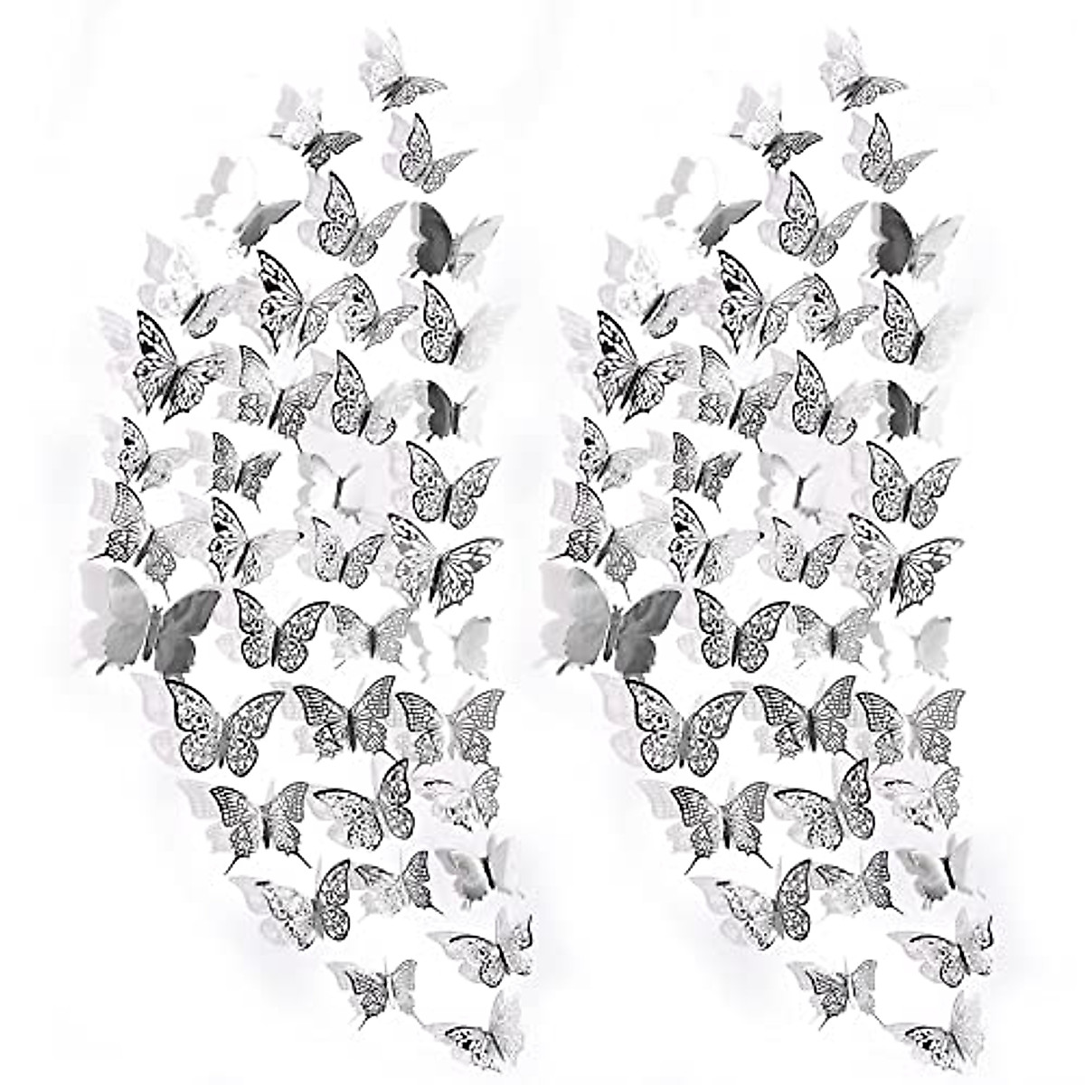 PartyWoo Butterfly Wall Decor, 84 pcs 3D Butterfly Wall Decals, Silver Butterfly Decor, 3 Sizes Removable Butterfly Room Decor Stickers, Butterflies Decorations Murals for Cake Party Window Crafts
