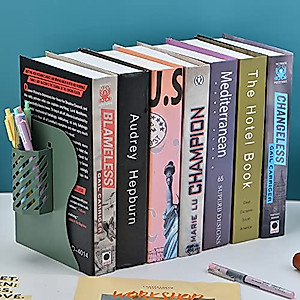 Shoccolt Adjustable Bookends Book Holders for 3 Compartments Heavy Duty Metal Steel Book Stand Desktop Organizer Expandable Bookshelf with Pen Holder for Home Office School Library (Green)