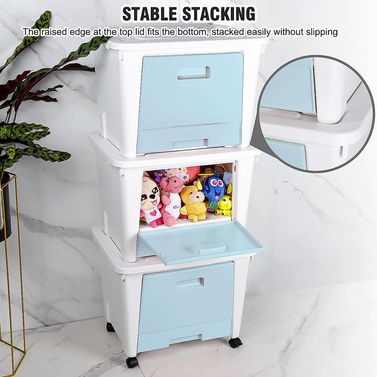 loobuu 3 Pack Plastic Toy Storage Organizer Box with Side Lids,40QT Toys Storage Chest Bin with Drawer, Large Stackable Storage Container Bin for Kids, Boys, Girls, Nursery, Playroom