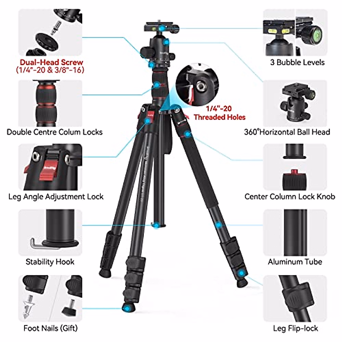 SmallRig 78" Camera Tripod, Foldable Aluminum Tripod & Monopod, 360°Ball Head Detachable and Quick Release Plate, Payload 33lb, Adjustable Height from 18.5" to 78" for Camera, Phone - 3474
