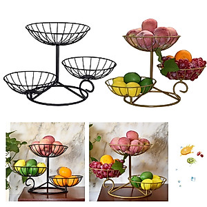 Fruit Plate Stand, 3 Plates Fruit Bowl Fruit Tiered Tray Metal Fruit Basket Countertop Fruit Snack Candy Storage Basket for Counter Kitchen Organizer (Black)
