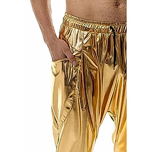 GRAJTCIN Metallic Shiny Jogger Sweatpants for Men 70s/80s Disco Party Rave Sequin Pants Elastic Trousers for Men with Pockets Solid Gold L