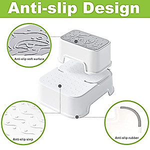 Two Step Stool for Kids, Double up Toddler Step Stool for Potty Training, Kitchen, Bathroom, Toilet Stool with Anti-Slip Strips for Safety, Stackable, Wide Step (1 Pack White)