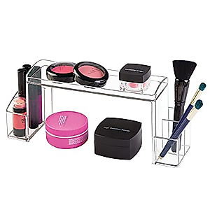 mDesign Small 2-Tier Plastic High-Rise Bathroom Cabinet Organizer - Vitamin Bottle, Medicine, Makeup Storage Shelf for Sink, Counter, and Vanity - Perfect for Hair Product Organization - Clear
