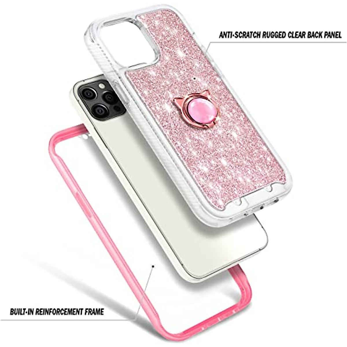 NZND Case for iPhone 11 with Built-in Screen Protector (6.1 inch, 2019) Ring Holder/Wrist Strap, Full-Body Protective Shockproof Rugged Bumper Cover, Impact Resist Durable Case (Glitter Rose Gold)