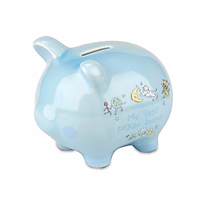BRUBAKER My First Piggy Bank Gift Set for Baby Boy - 4 Pcs Keepsake Gift Set Includes Piggy Bank, First Curl, First Tooth and Photo Frame - Blue