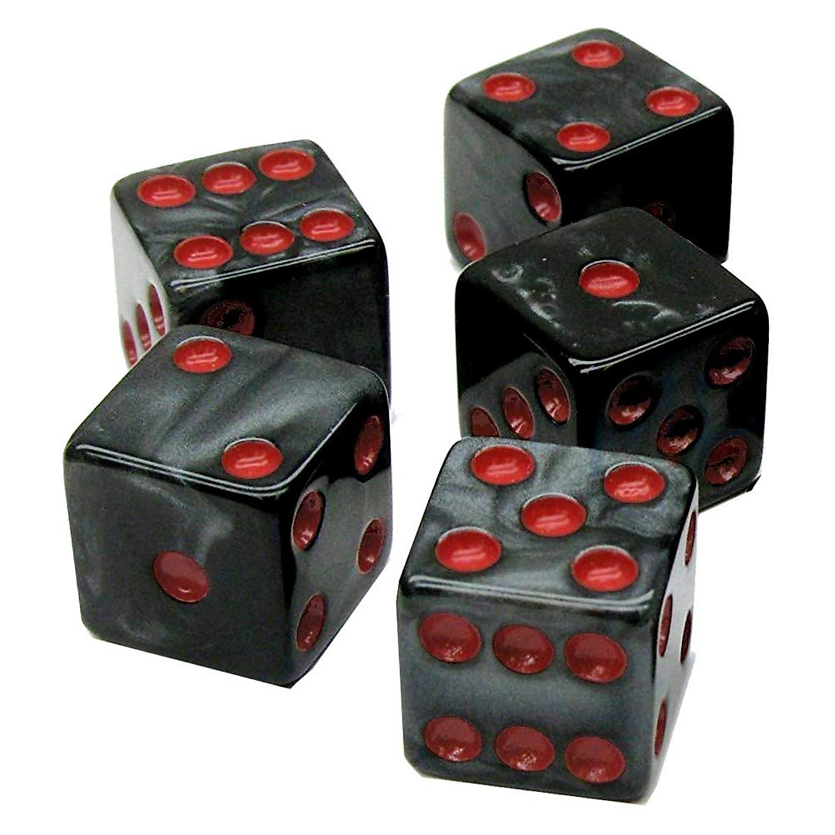 Cyber-Deals Set of 16mm Marbleized Dice and Black PU Leather, Velvet Lined Dice Cup with Storage Compartment (Gift Boxed) (Charcoal Dice, Red Lining Cup)