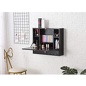 Wall Mounted Table, Folding Laptop Desk Wall-Mount Writing Desk with Storage Shelves & Drawer, Wall Mounted Desk for Home, Office, Small Spaces(Black)