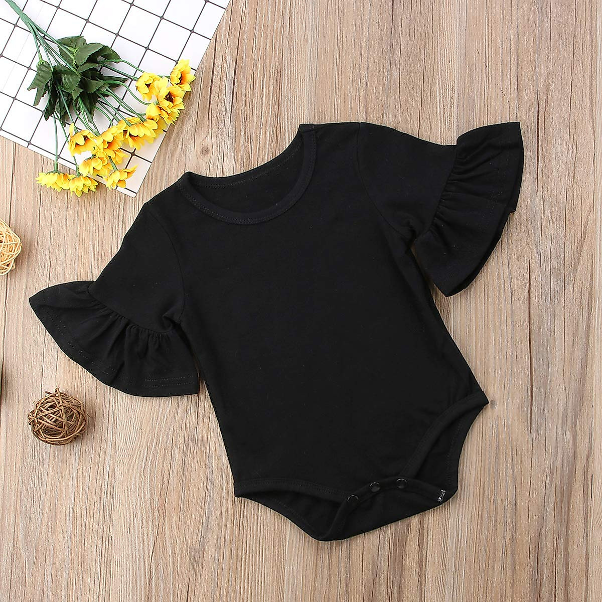 Mubineo Infant Baby Girl Basic Bell Short Sleeve Cotton Romper Bodysuit Tops Clothes (Black, 0-3 Months)