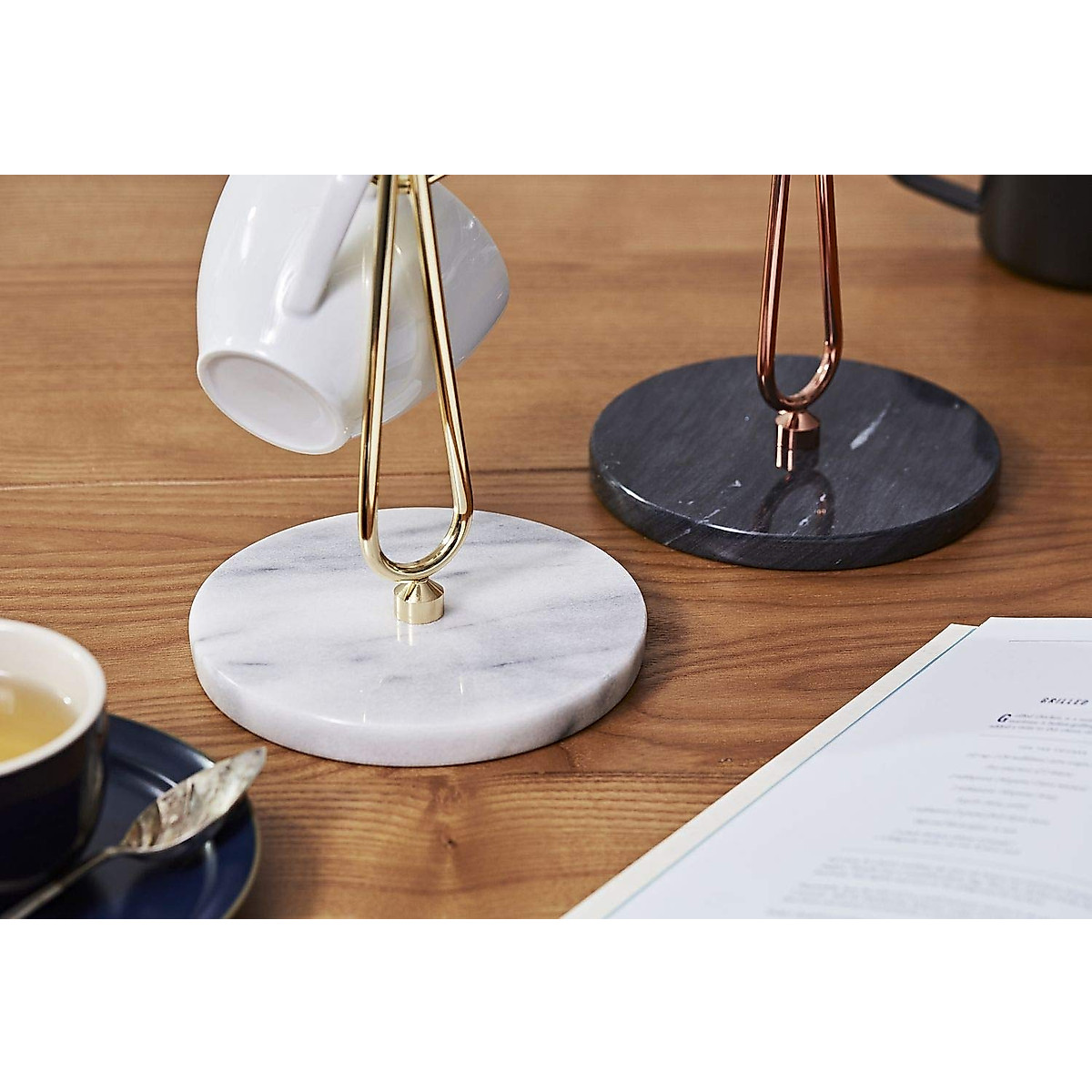 JEmarble Mug Holders with Copper Plated Standing(White) Countertop Mug Tree, Coffee Mugs & Tea Cup Storage Rack, Coffee Counter Bar Accessory & Kitchen Organizer