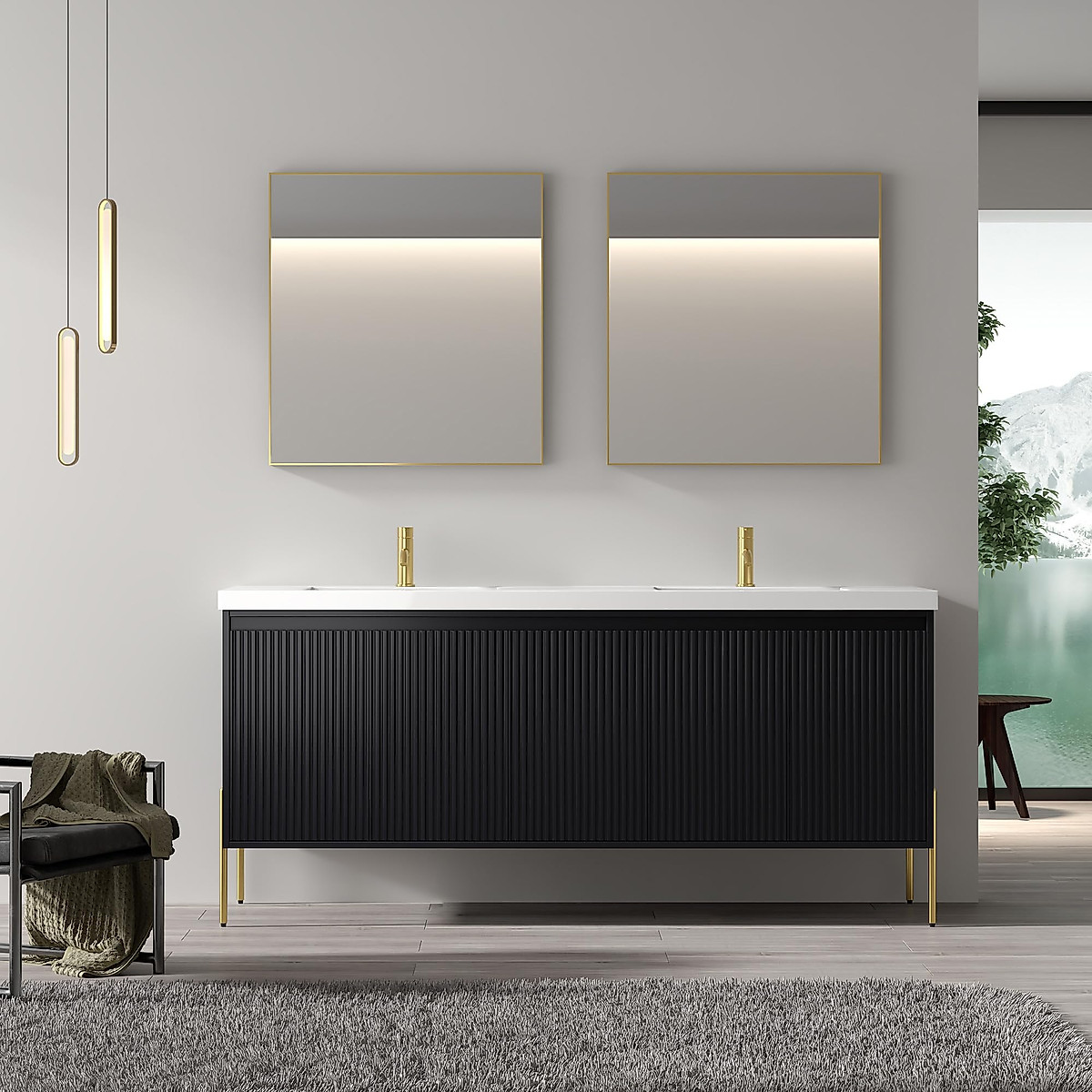 Dowell 72“ Fluted Design Vanity Set – Modern Bathroom Cabinet with Soft-Close Door & Shelf.Charcoal- 002 72 02V